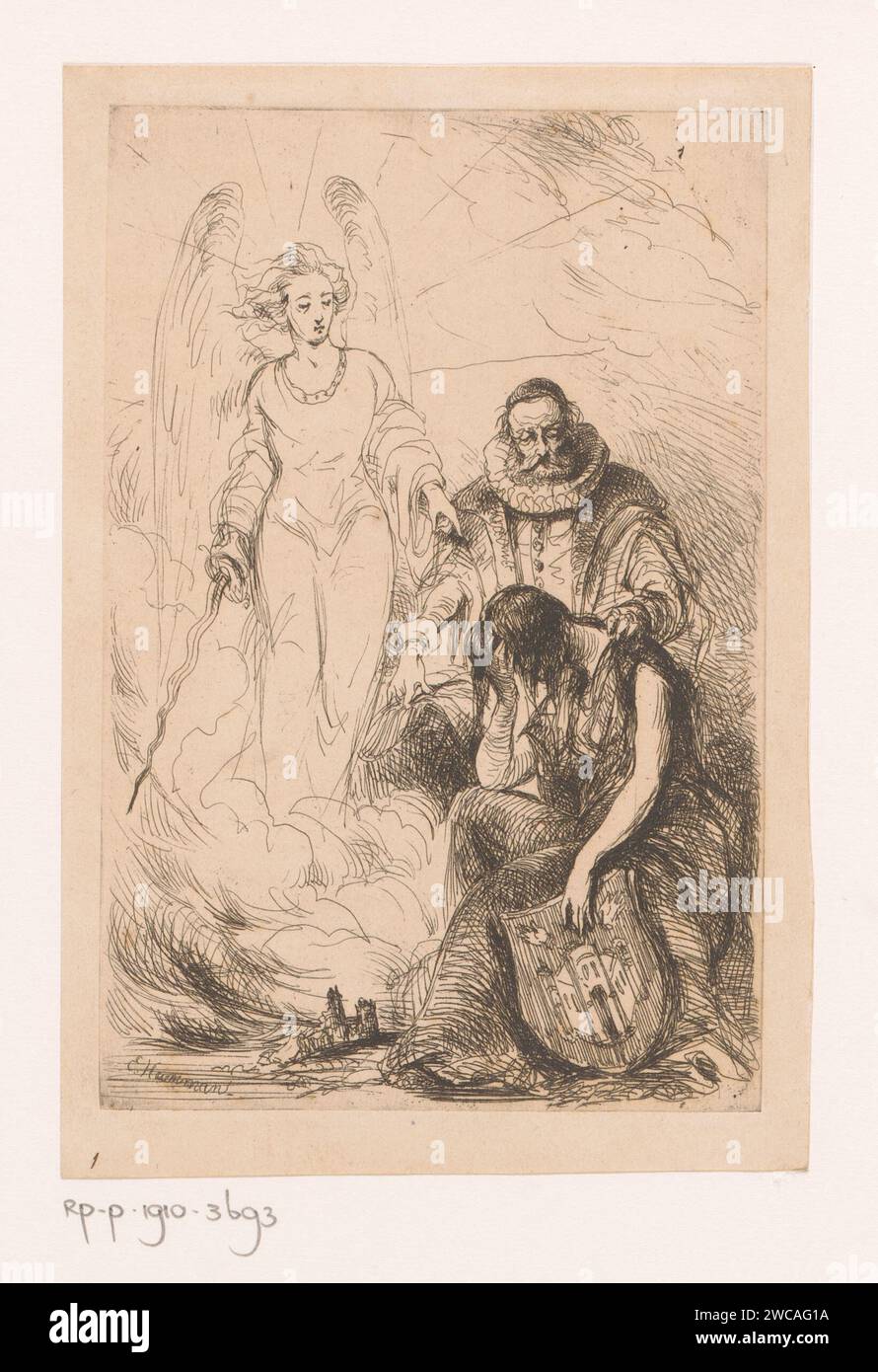 Personification of Antwerp with a curved head, behind it a man with a ...