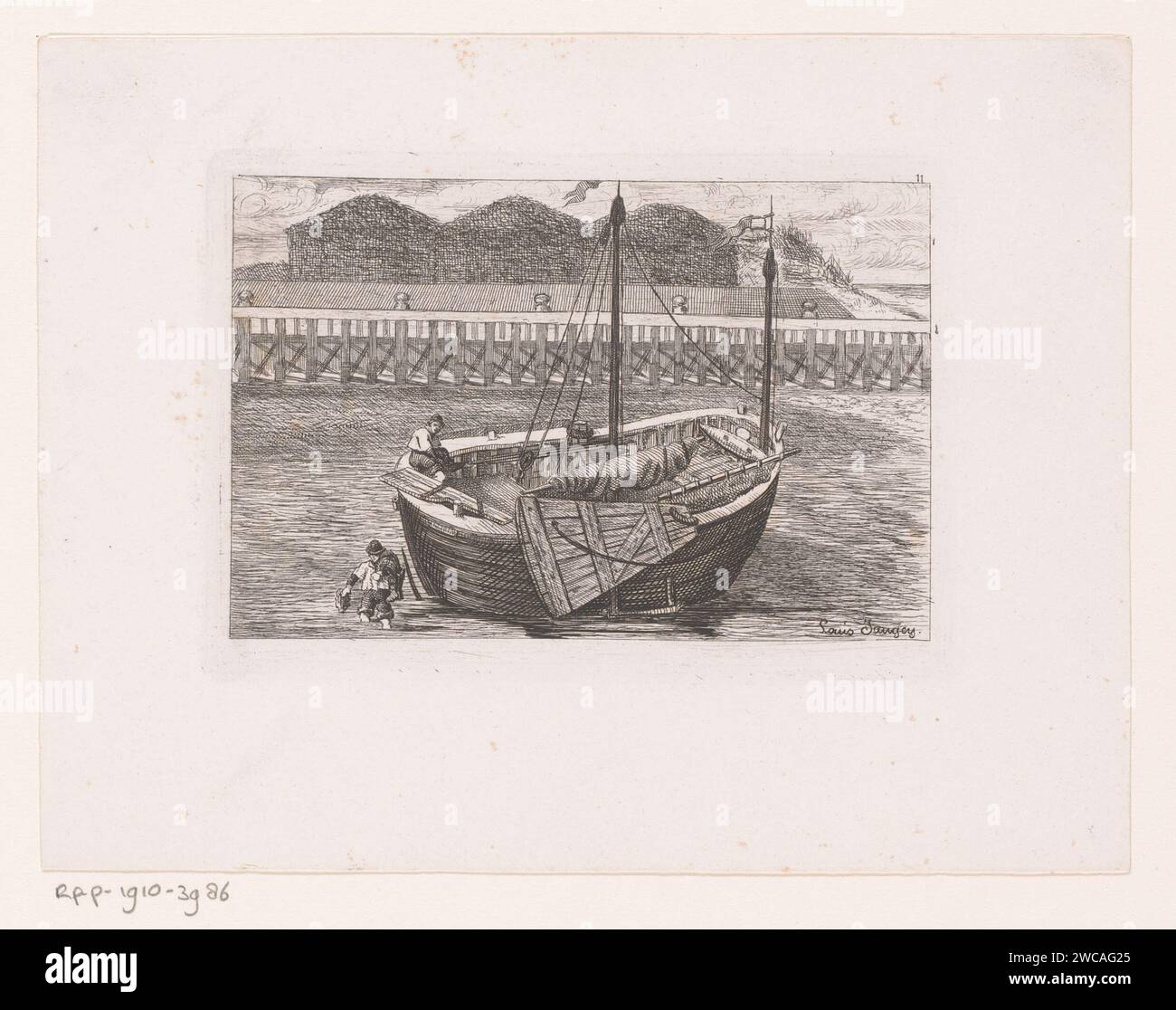 View of a ship with swords at a pier, Louis Jaugey, 1850 - 1899 print ...