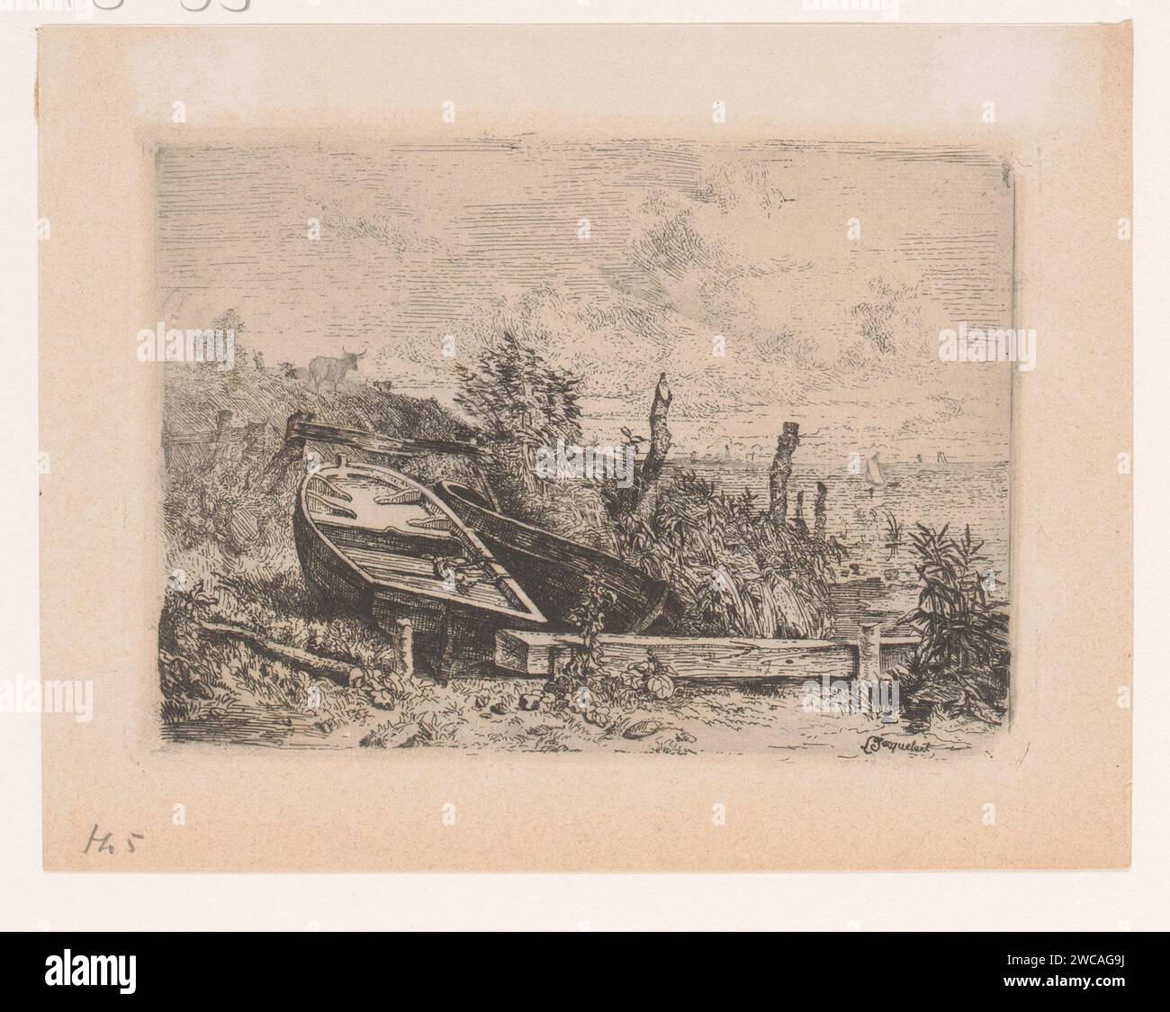Two rowing boats on the side next to a river, Lambert Jacquelart, 1830 ...