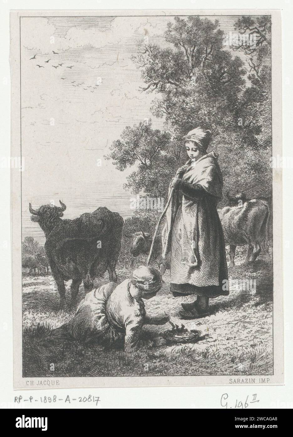 Two shepherds with herd cows, Charles Emile Jacque, 1864 print Paris ...