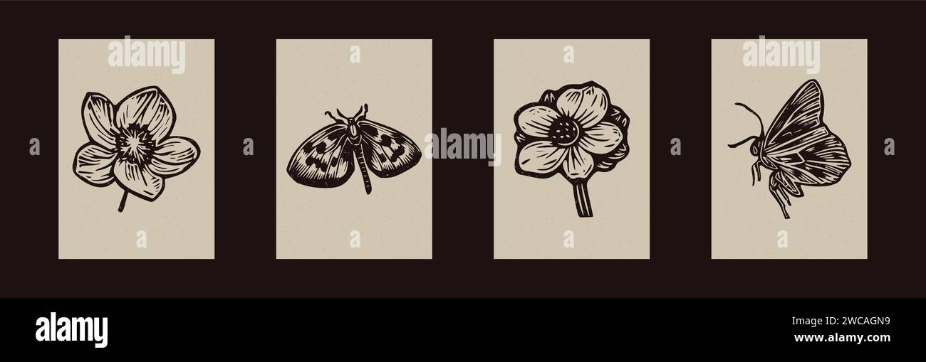 Rustic forest woodcut set of folkart flower and butterfly in simple ...