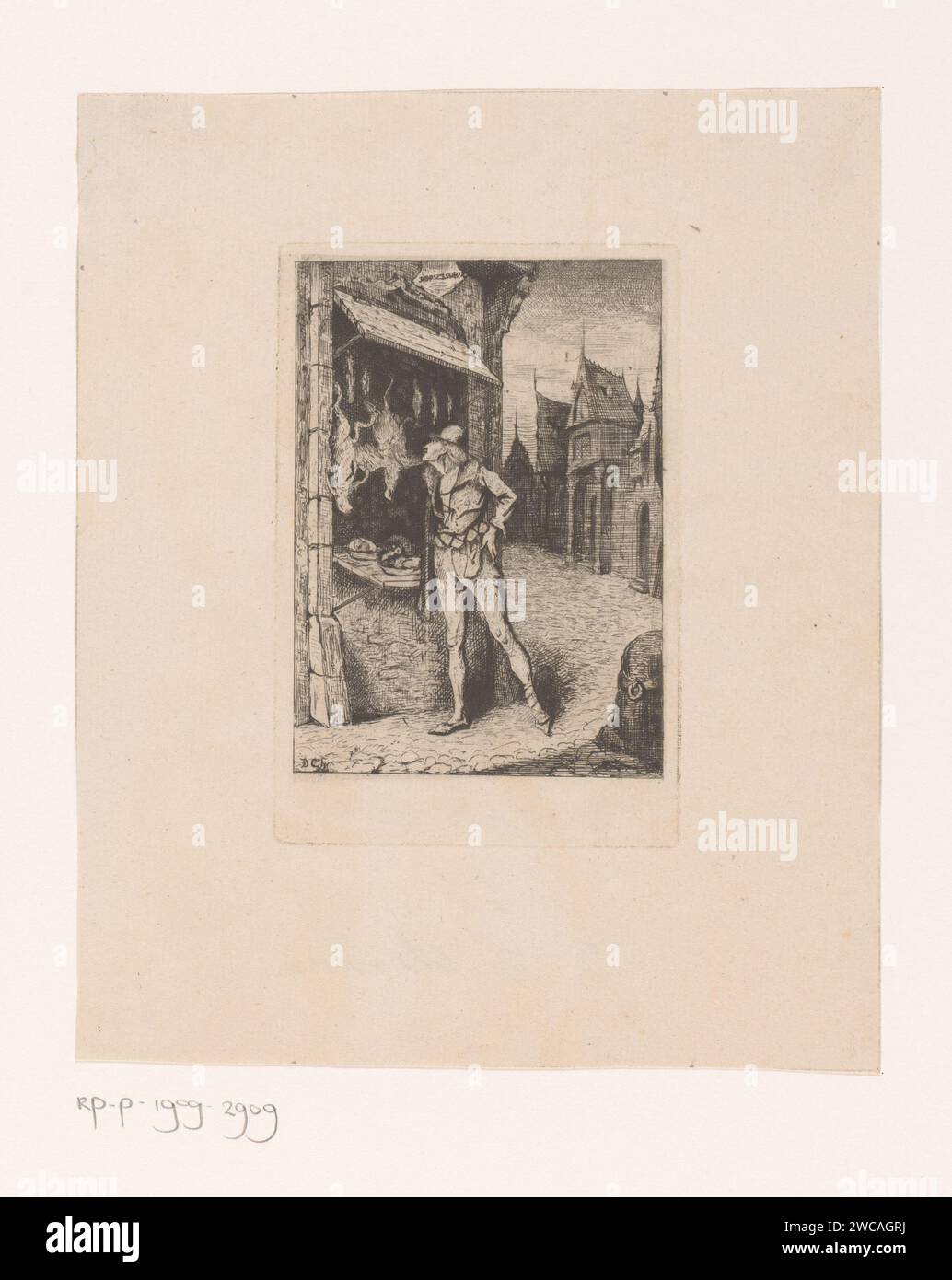 Man in a medieval city for a butcher shop, D. Cheneux, c. 1850 - in or ...