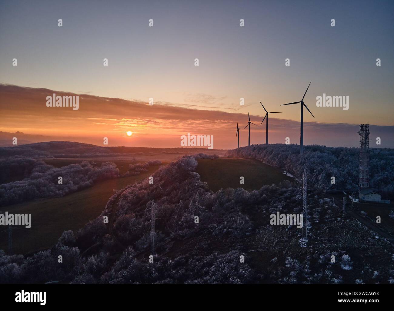 Aerial landscape photography of sunrise over frost-covered nature with ...