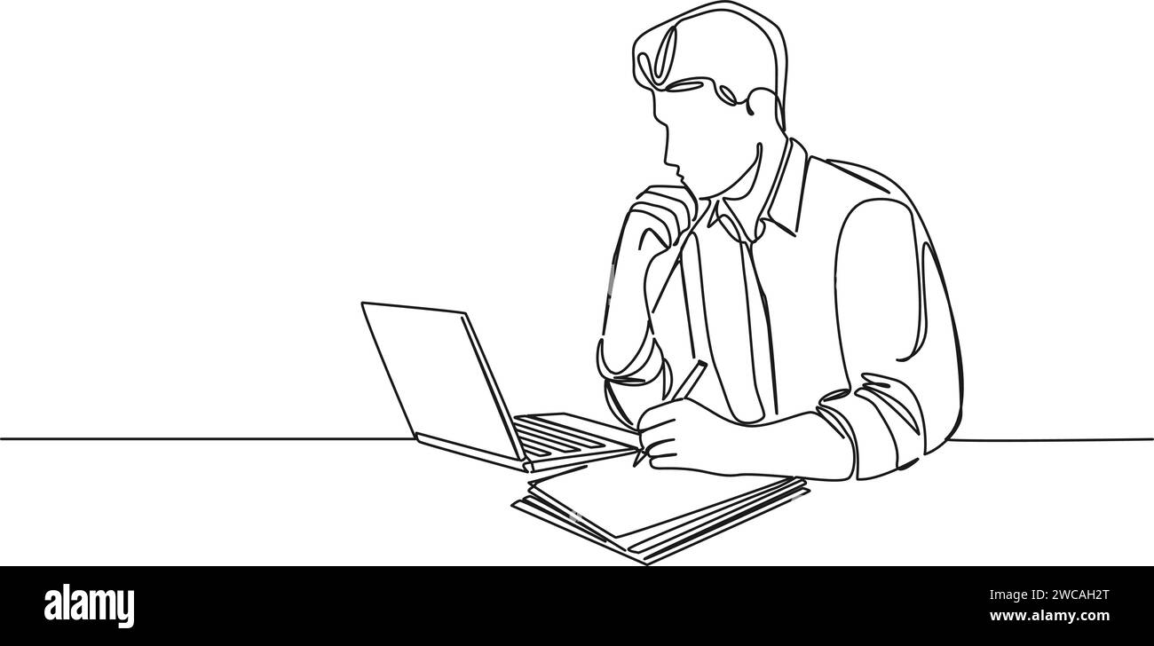 continuous single line drawing of man taking notes on paper white using ...