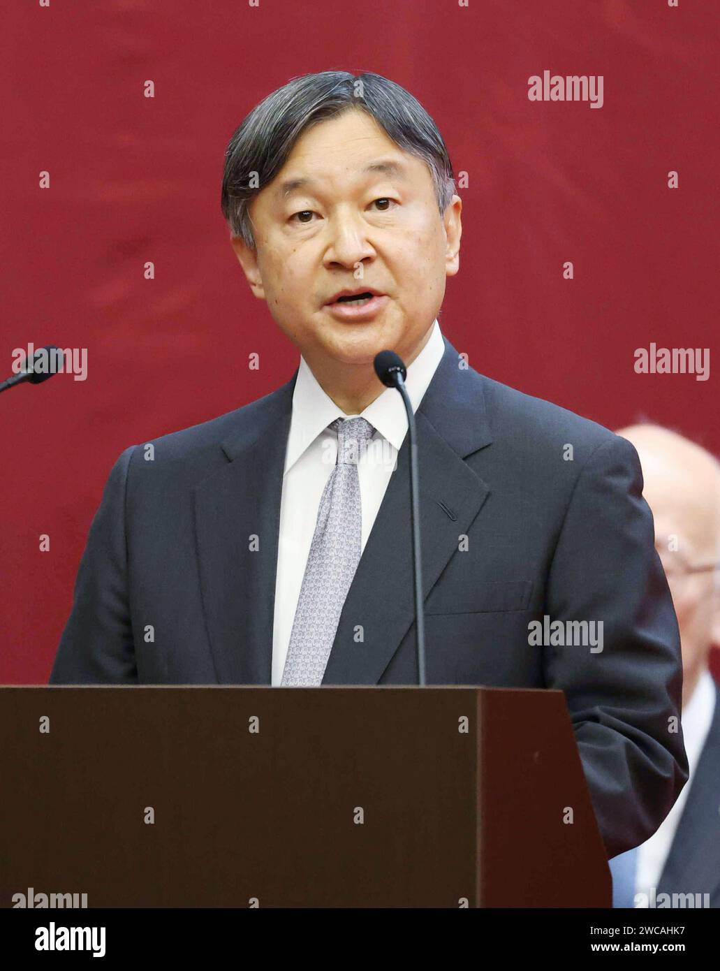 Japanese Emperor Naruhito speaks at a ceremony to mark the 150th ...