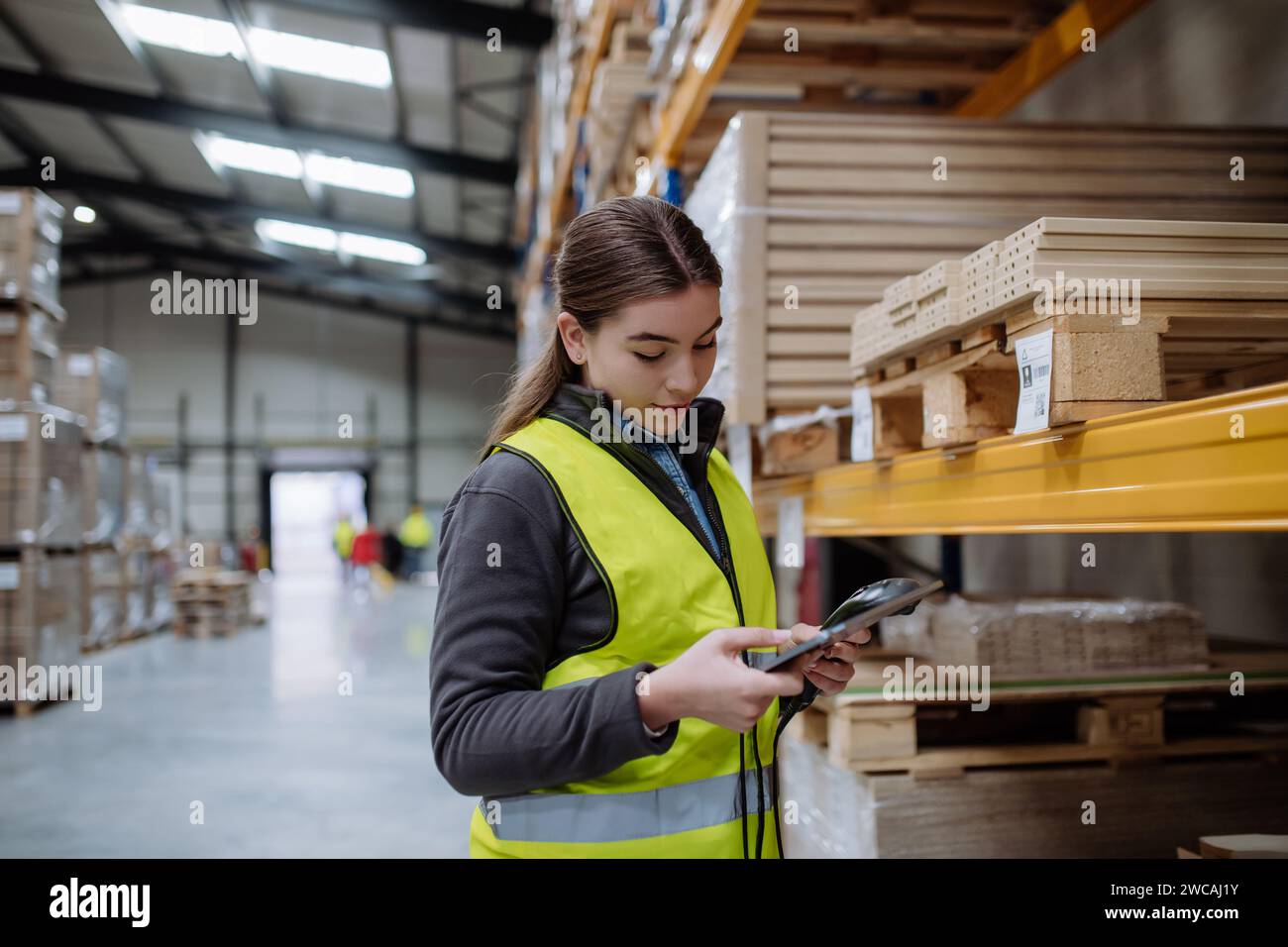 Female warehouse worker holding scanner, scanning the barcodes on ...