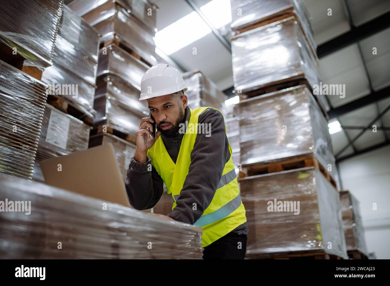 Warehouseman checking delivery, stock in warehouse on computer, pc ...