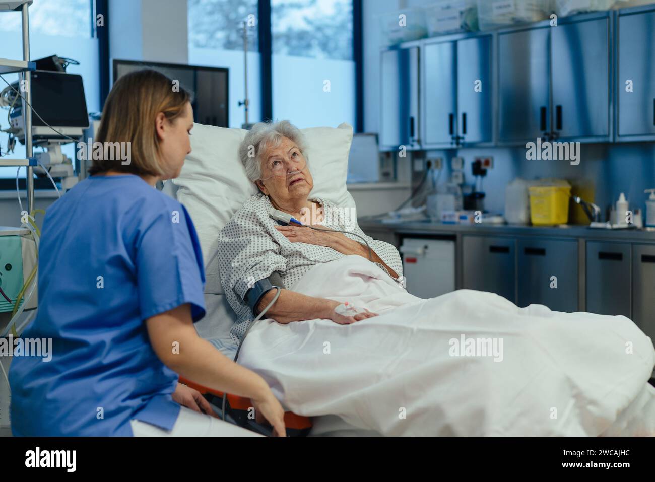 Nurse taking care of senior patient in intensive care unit. Senior ...