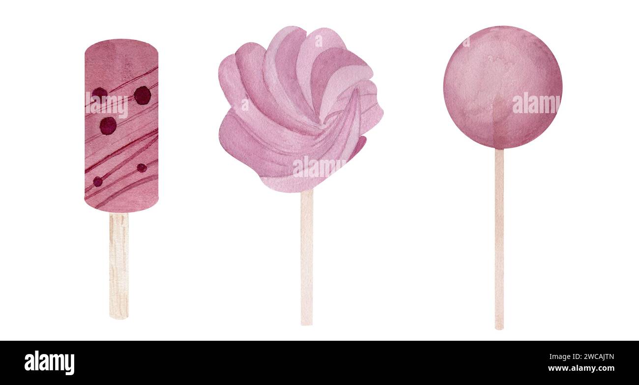 Watercolor painting set of bright delicious pink sweets: cupcake ...