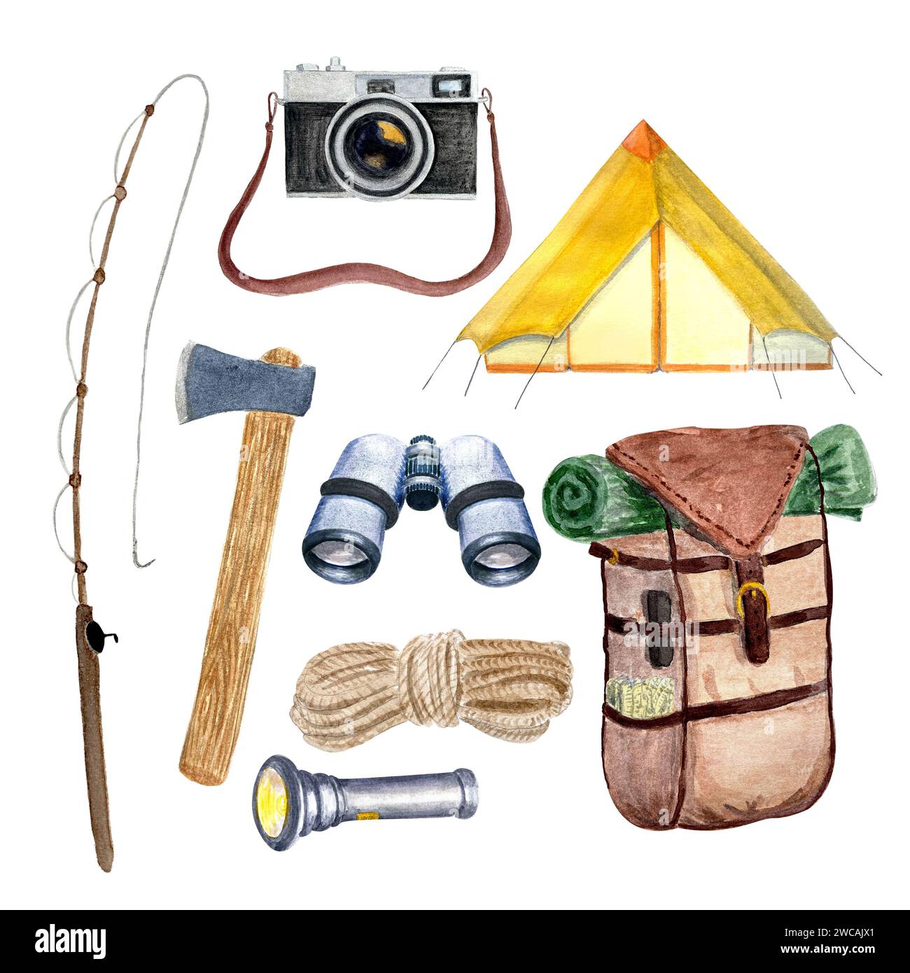 Watercolor camping set isolated on white Stock Photo - Alamy