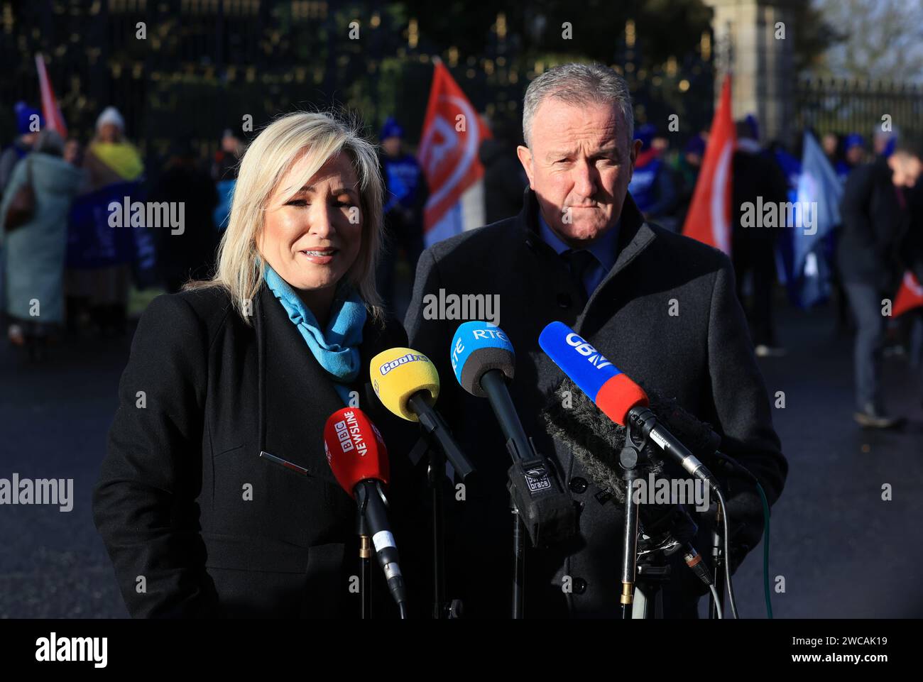 Sinn Fein representatives vice-president Michelle O'Neill and MLA Conor ...