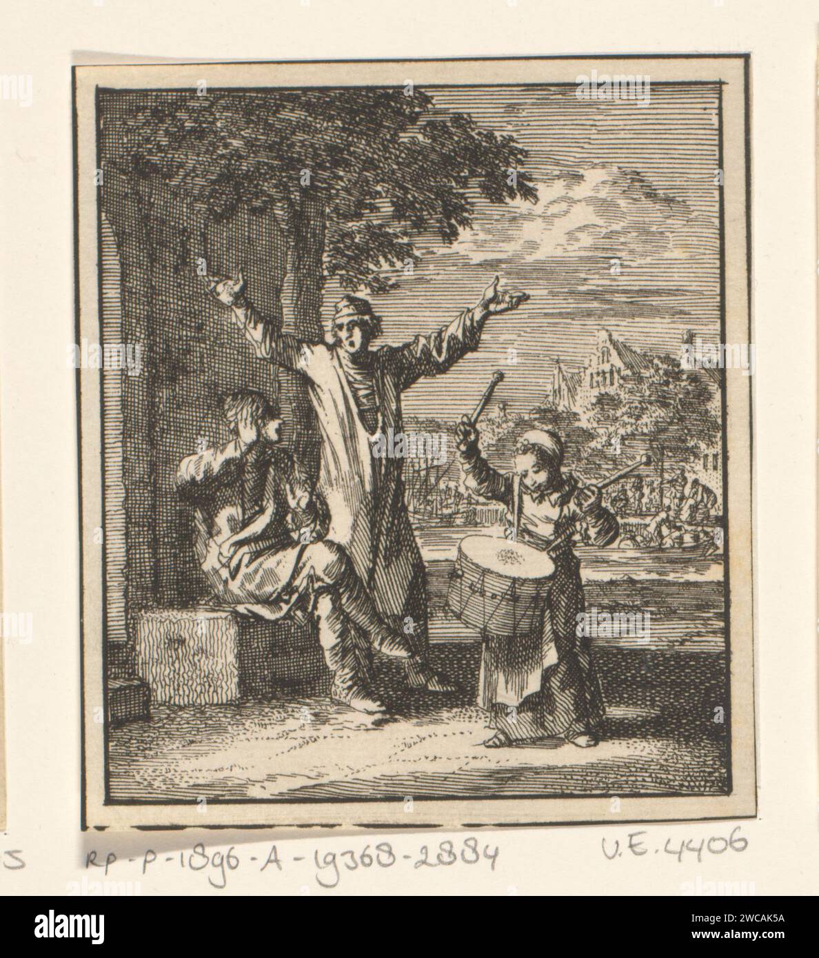 Child hits a drum with sticks, Jan Luyken, 1712 print Amsterdam paper etching drum (musical ...