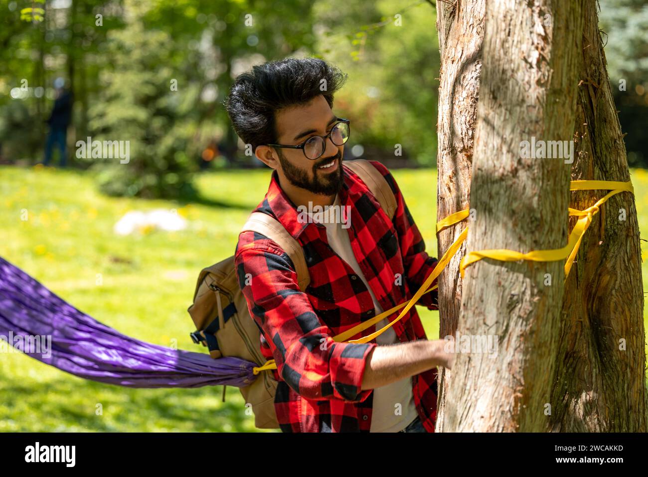 Man in checkered shirt tying ropes to the tree and adjusting hammock ...