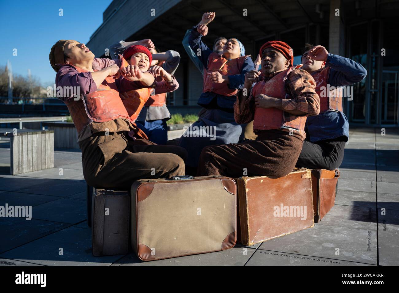 London, UK. 15 January 2024. Performers from physical theatre company ...