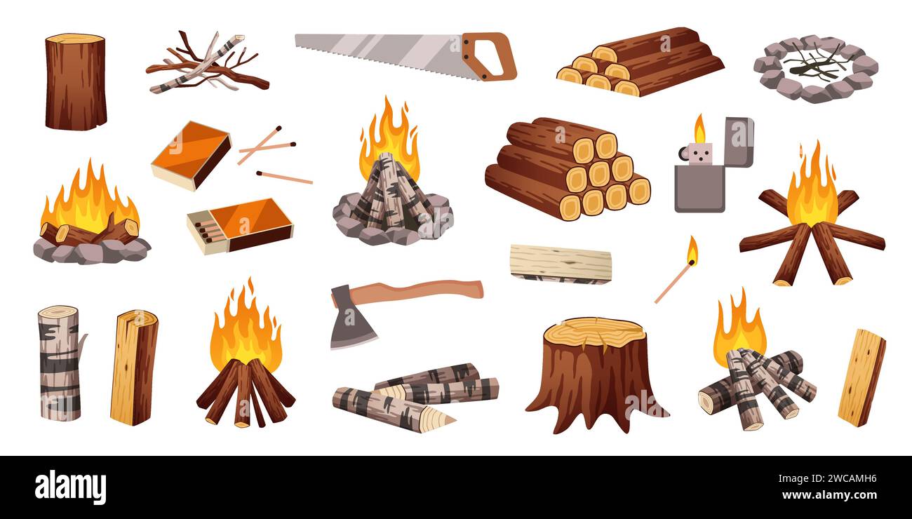 Wood campfire elements. Woodpile, matches and lighters, dry branches ...