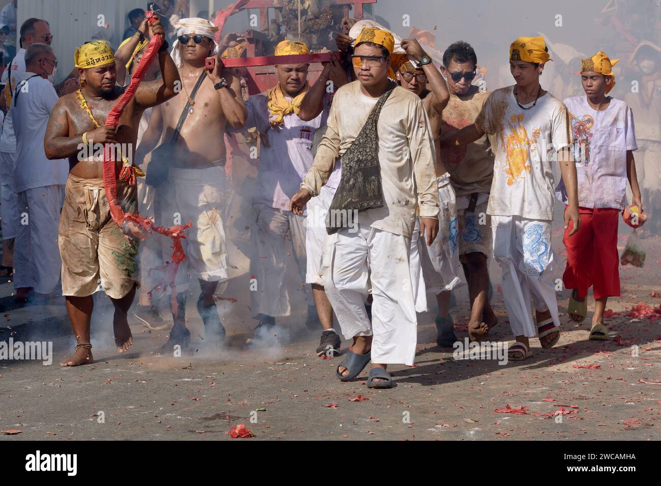 A procession during the Vegetarian Festival in Phuket Town, Thailand, a ...