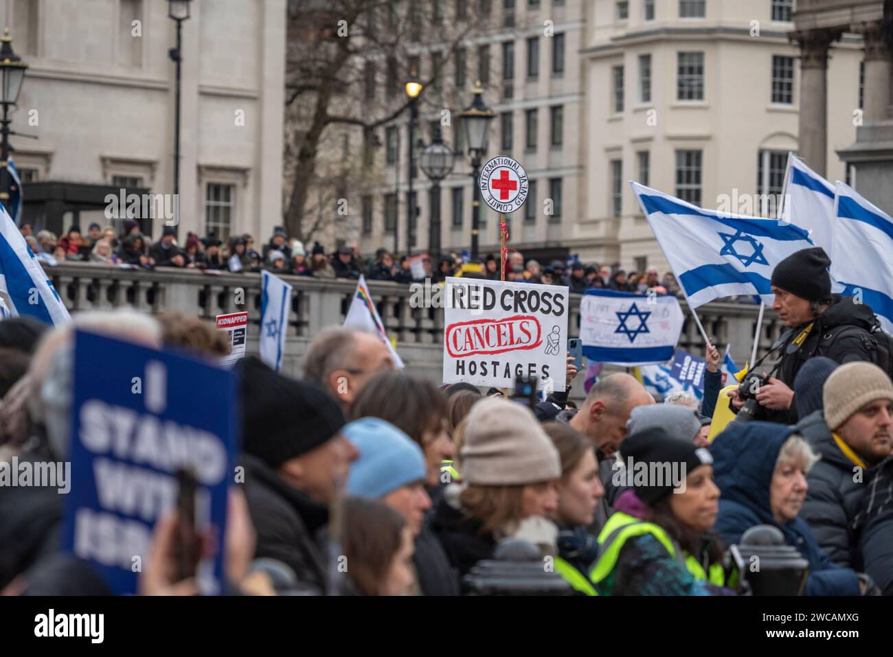 Criticism of Red Cross placard at Pro-Israel rally at Trafalgar Square ...