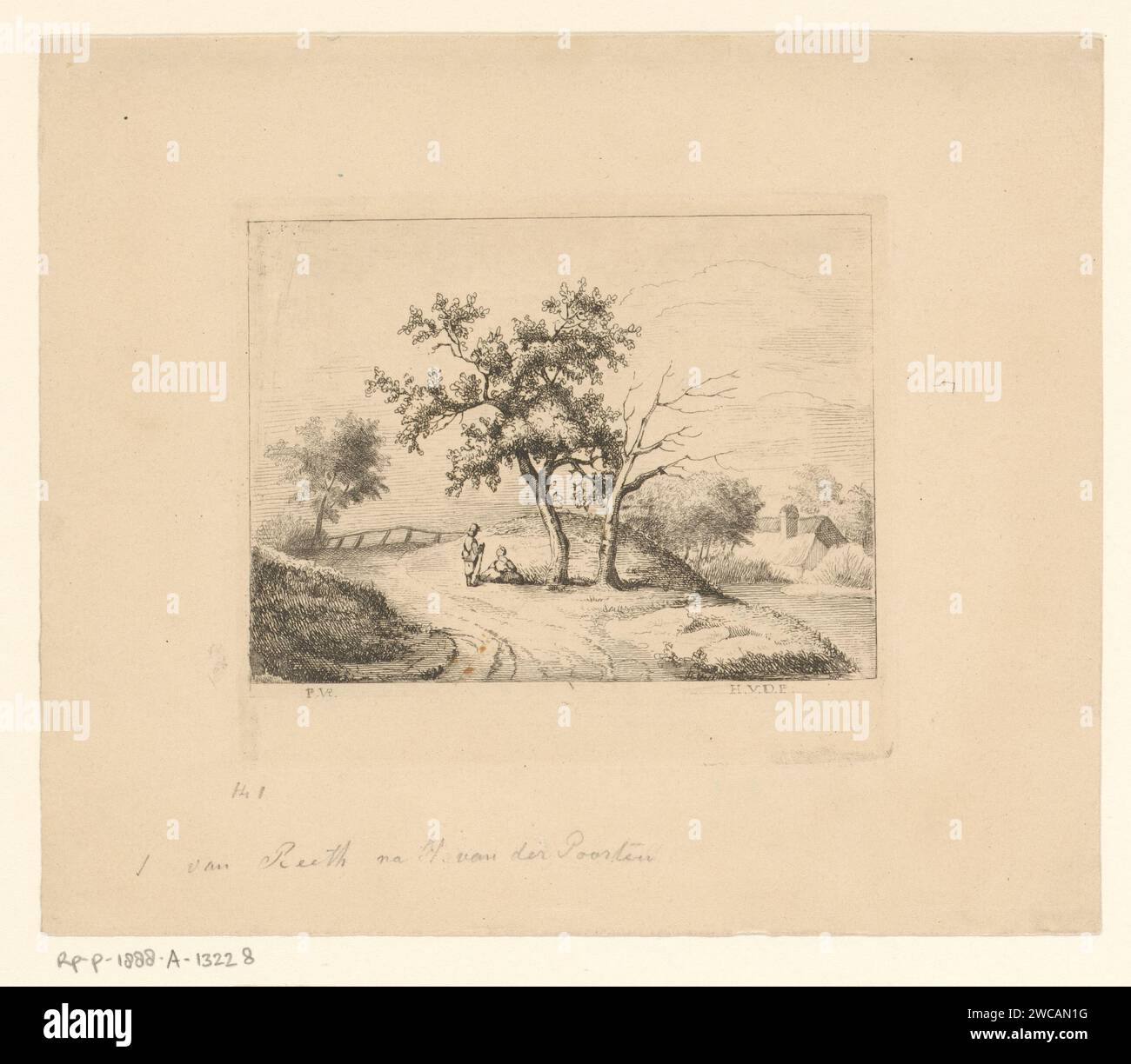 Landscape with two figures on a road under a tree, Pierre Jean ...