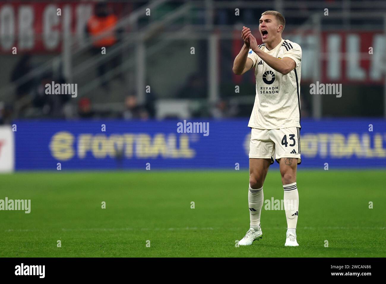Milano, Italy. 14th Jan, 2024. Rasmus Kristensen of As Roma gestures ...