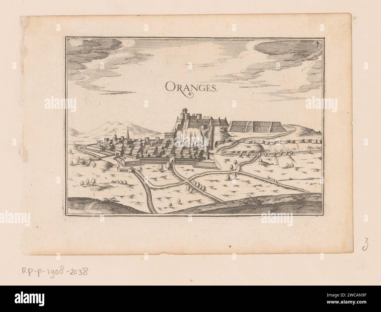 View of Orange, Anonymous, 1650 - 1700 print Numbered at the top right: 4. paper etching city ...