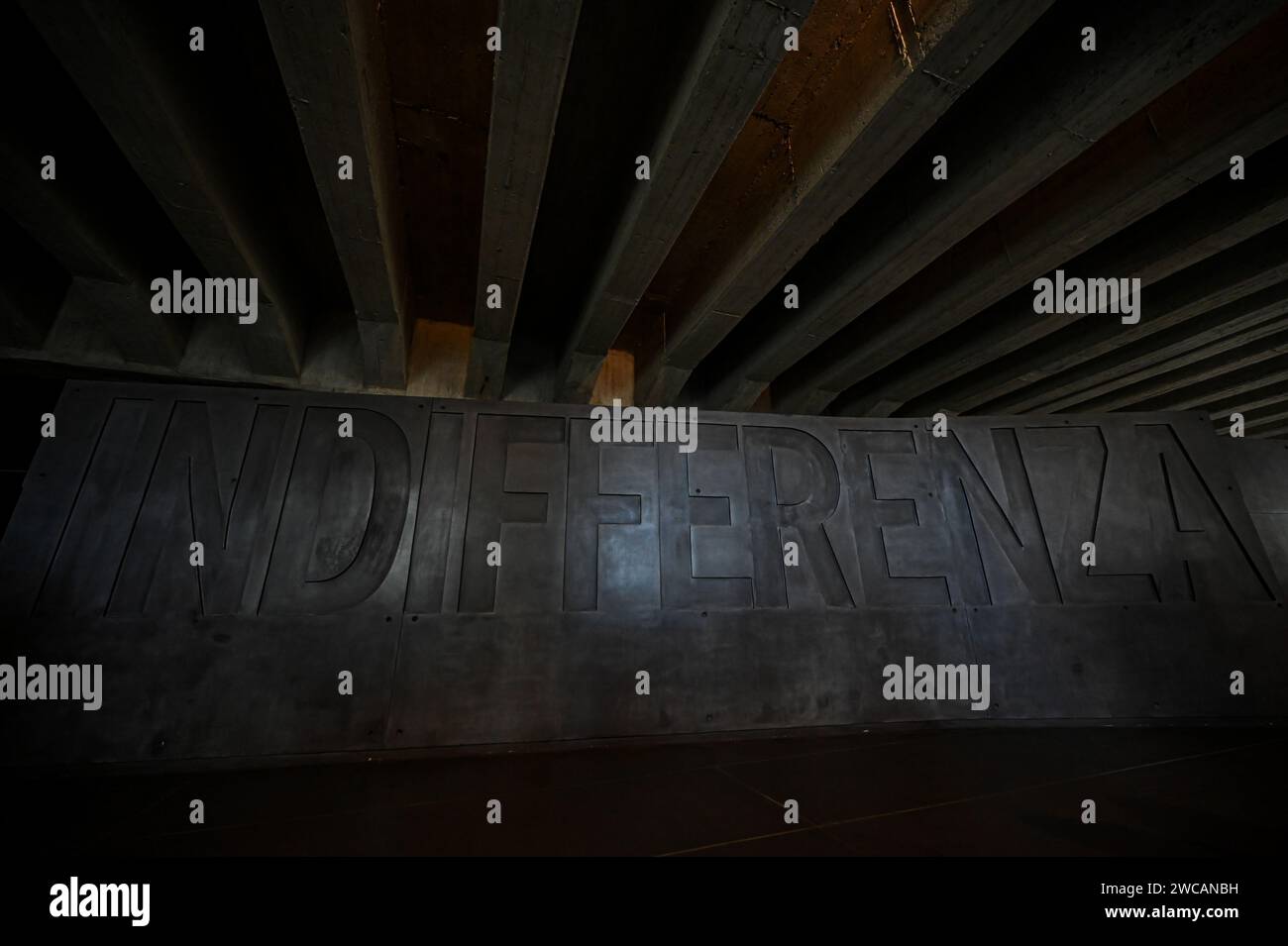 Milan, Italy - January 15, 2024: A giant writing reading ‘Indifference ...