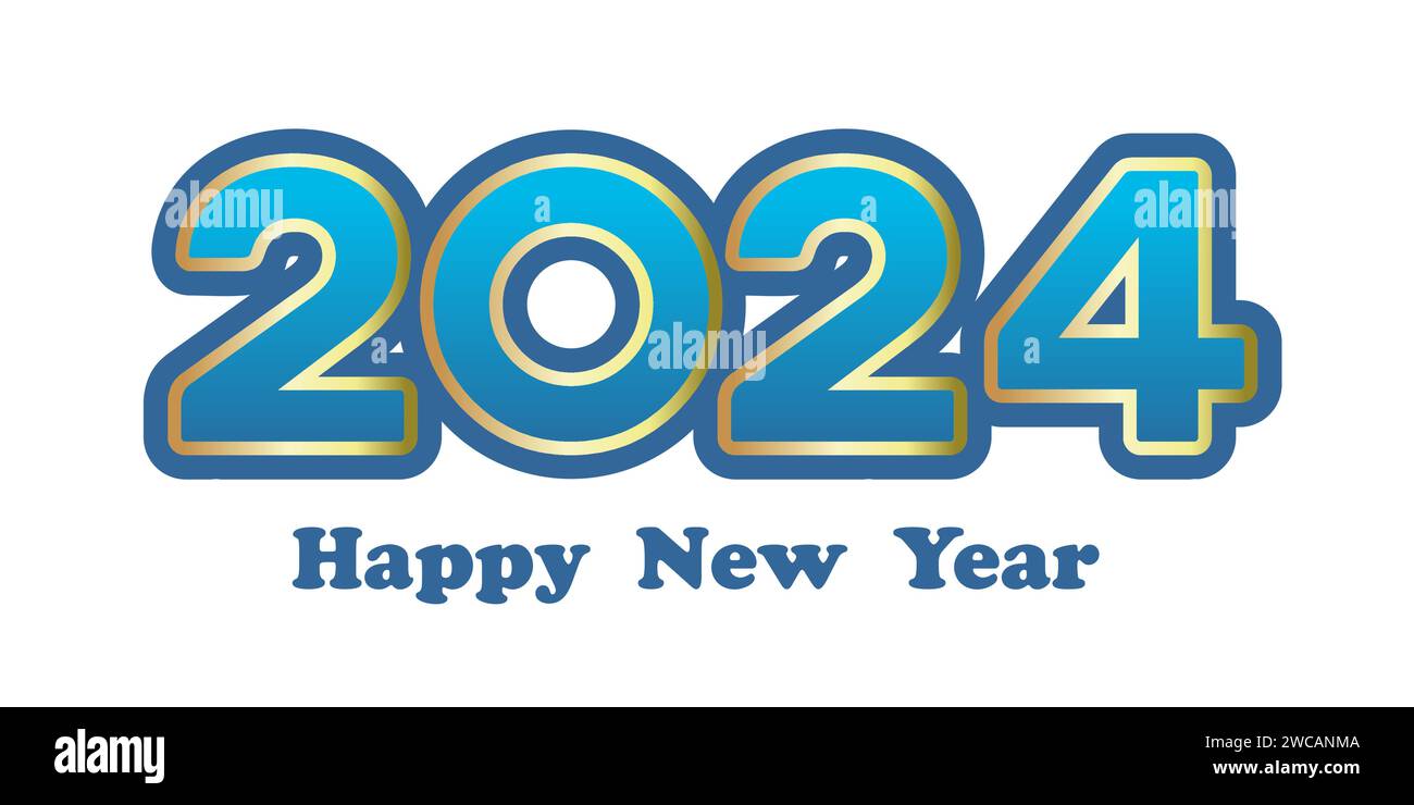 2024 Happy New Year. Blue numbers 2024 with gold stroke isolated on a ...