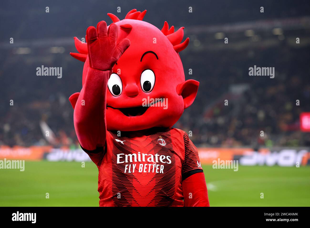 Milano, Italy. 14th Jan, 2024. Milanello, mascot of AC Milan, gestures ...
