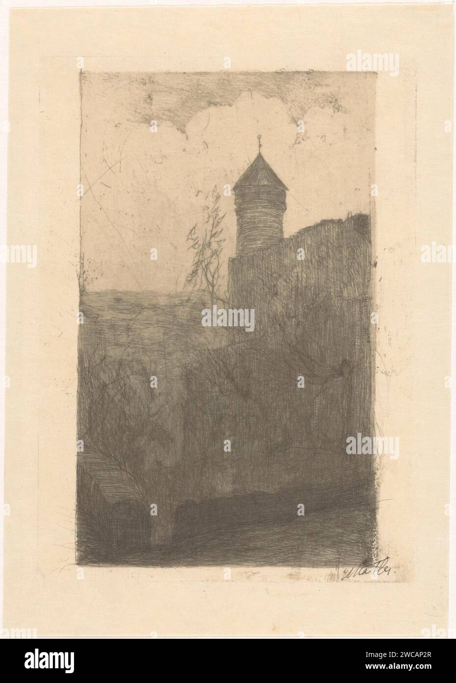 Corner tower of a castle, etha bottle, 1867 - 1910 print paper drypoint ...