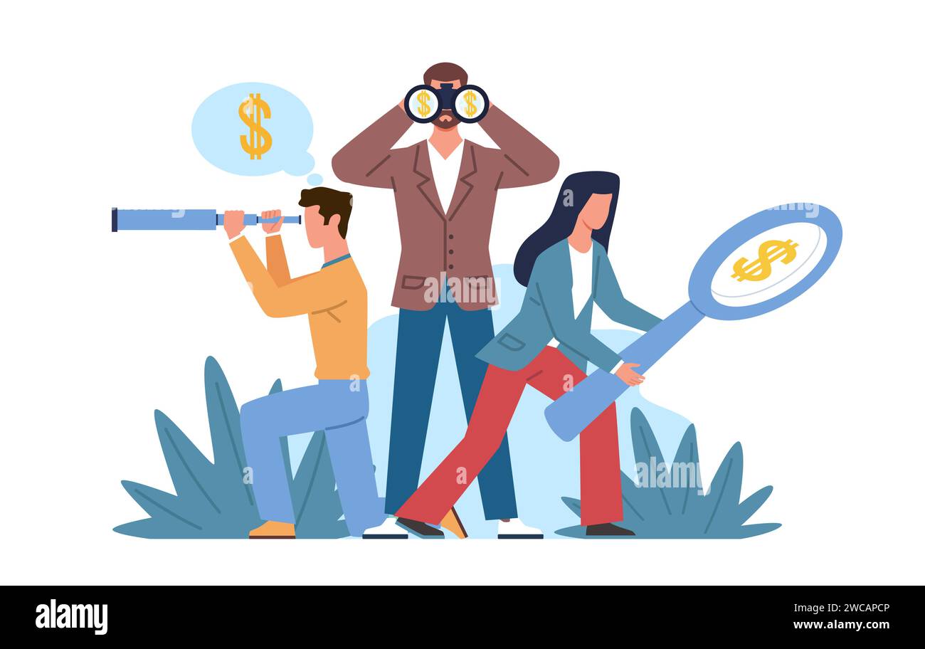 Team of businessmen looking for money. Man and woman hold telescope ...