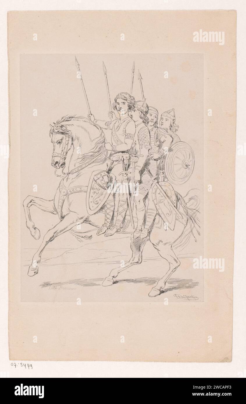 Four warriors on one horse, Edouard Dujardin, 1827 - 1889 print paper ...