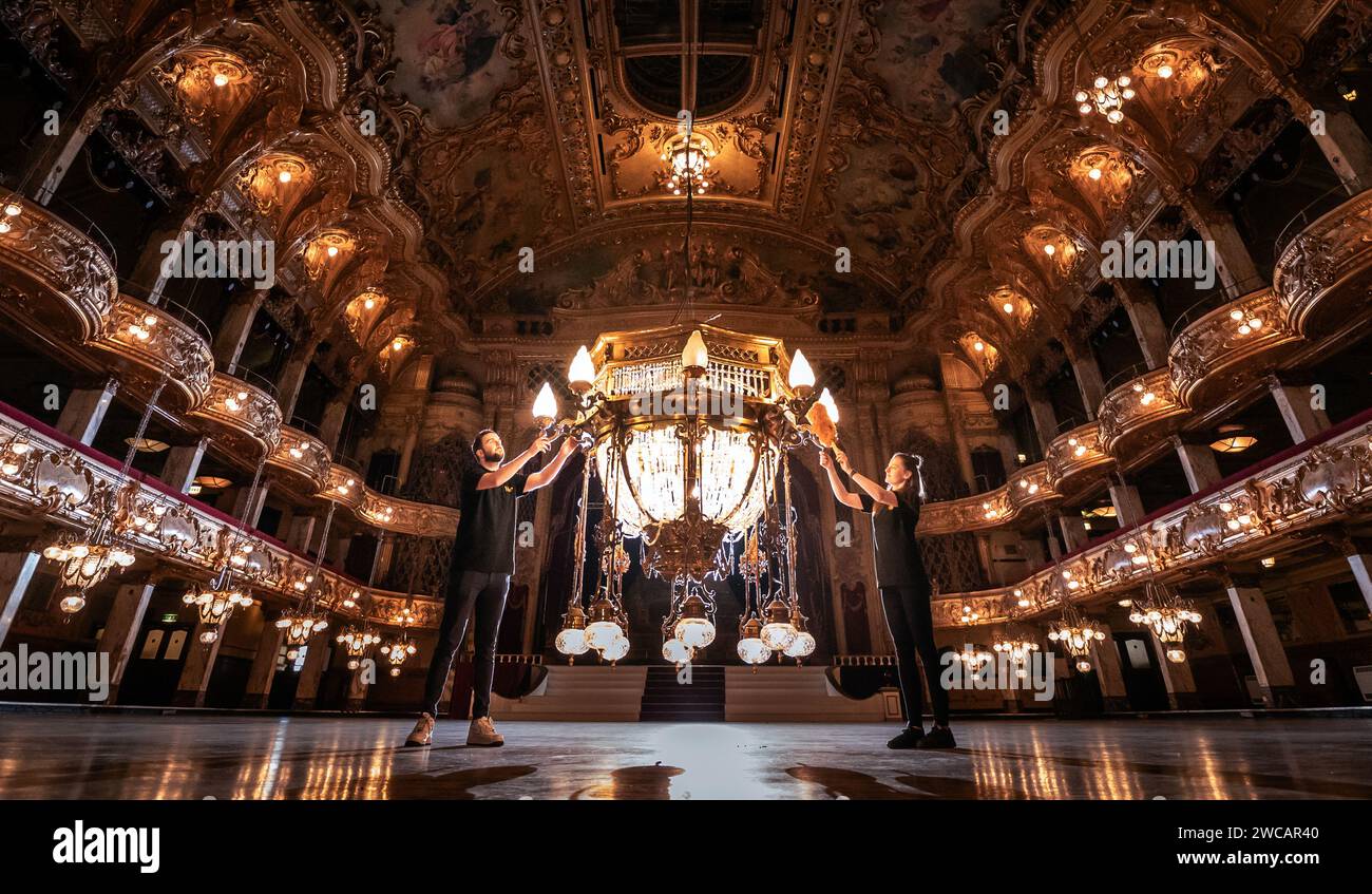 Tower ballroom team members Jordan Stimpson and Jennifer Allinson clean ...