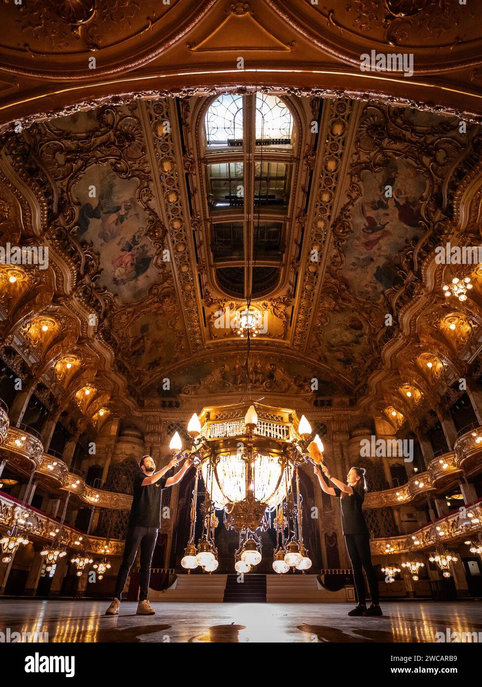 Tower ballroom team members Jordan Stimpson and Jennifer Allinson clean ...