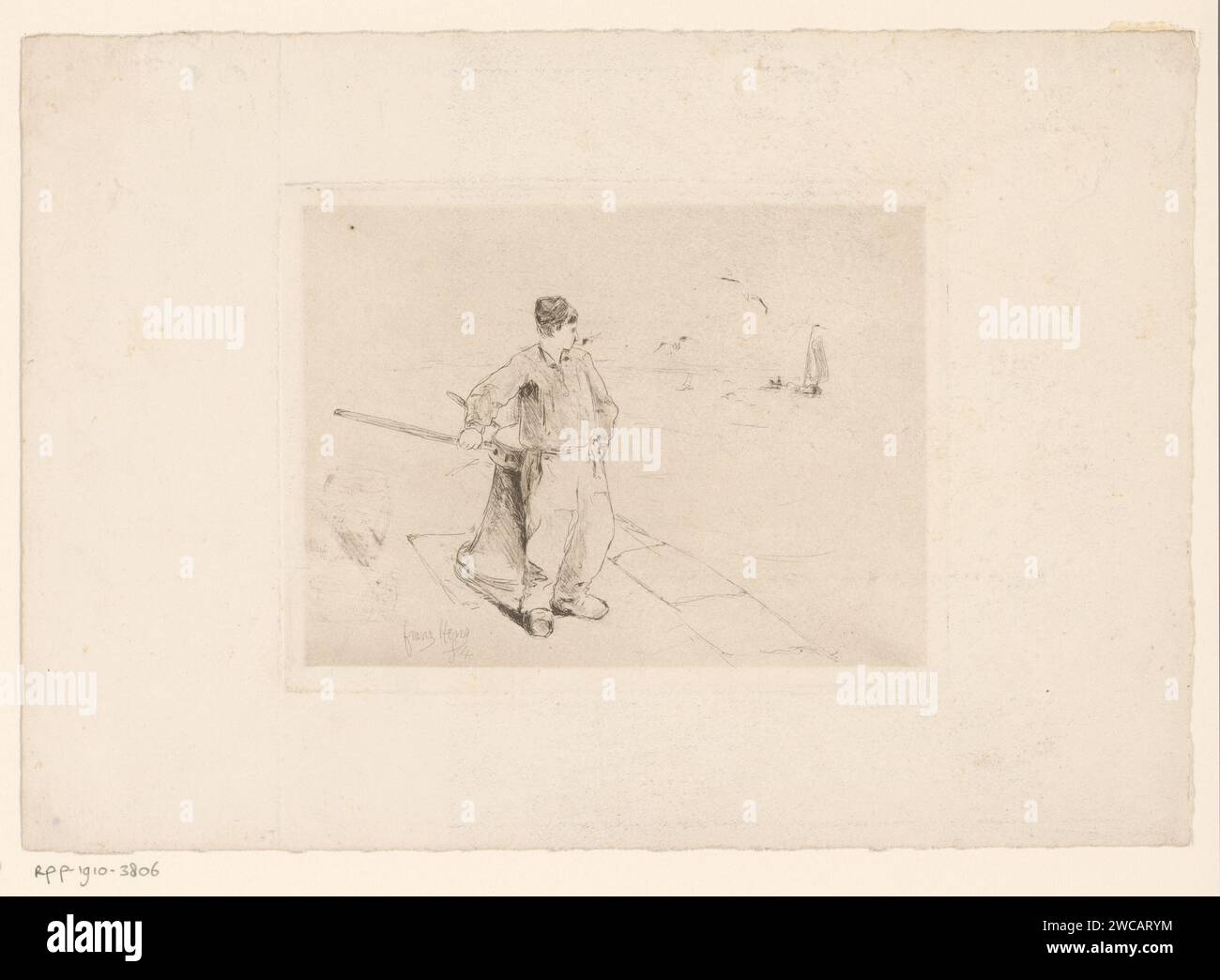 Piping man on the quay, Frans Hens, 1884 print paper etching pipe ...