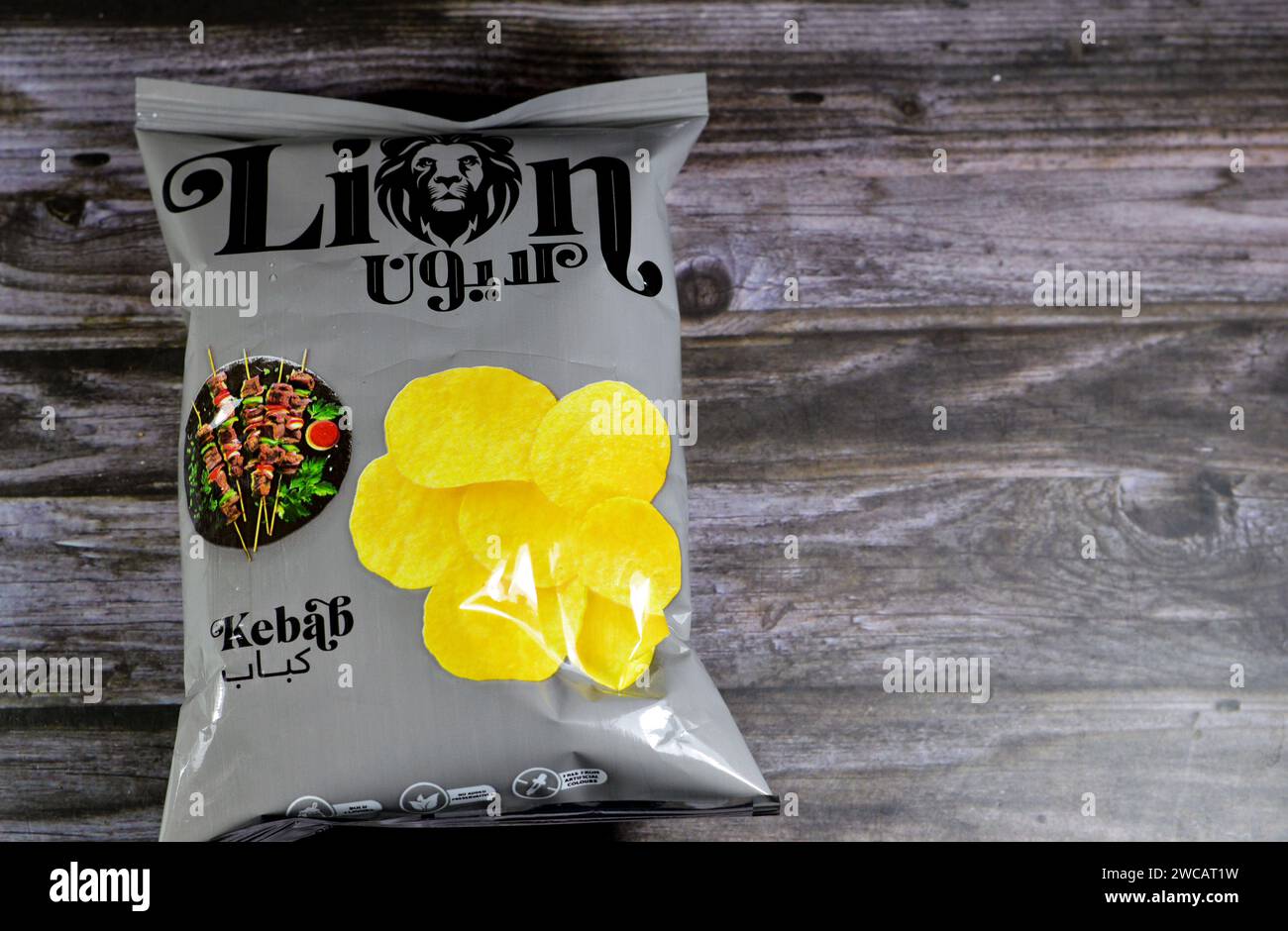 Cairo, Egypt, January 13 2024: Lion Potato chips Kebab, crisps, thin ...