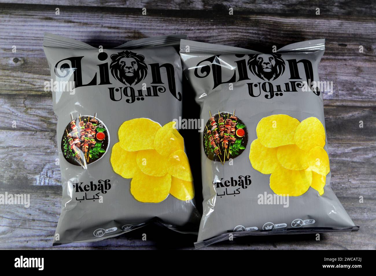 Cairo, Egypt, January 13 2024: Lion Potato chips Kebab, crisps, thin ...