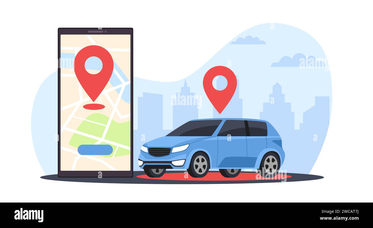 Remote connection to vehicle via mobile app. Smartphone with city map ...