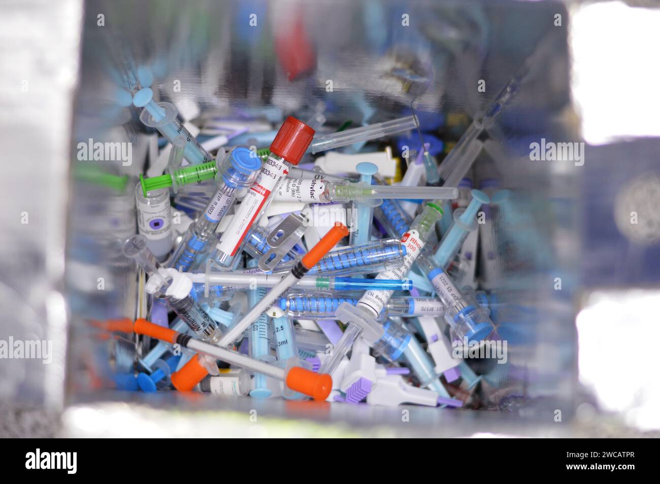 Cairo, Egypt, January 11 2024: medical waste of sharp needles, syringes ...