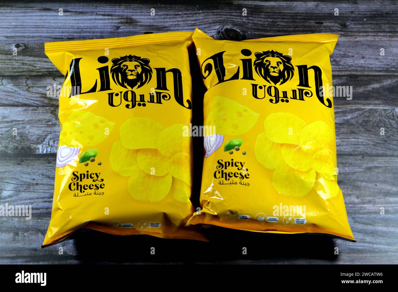 Cairo, Egypt, January 13 2024: Lion Potato chips spicy cheese, crisps ...