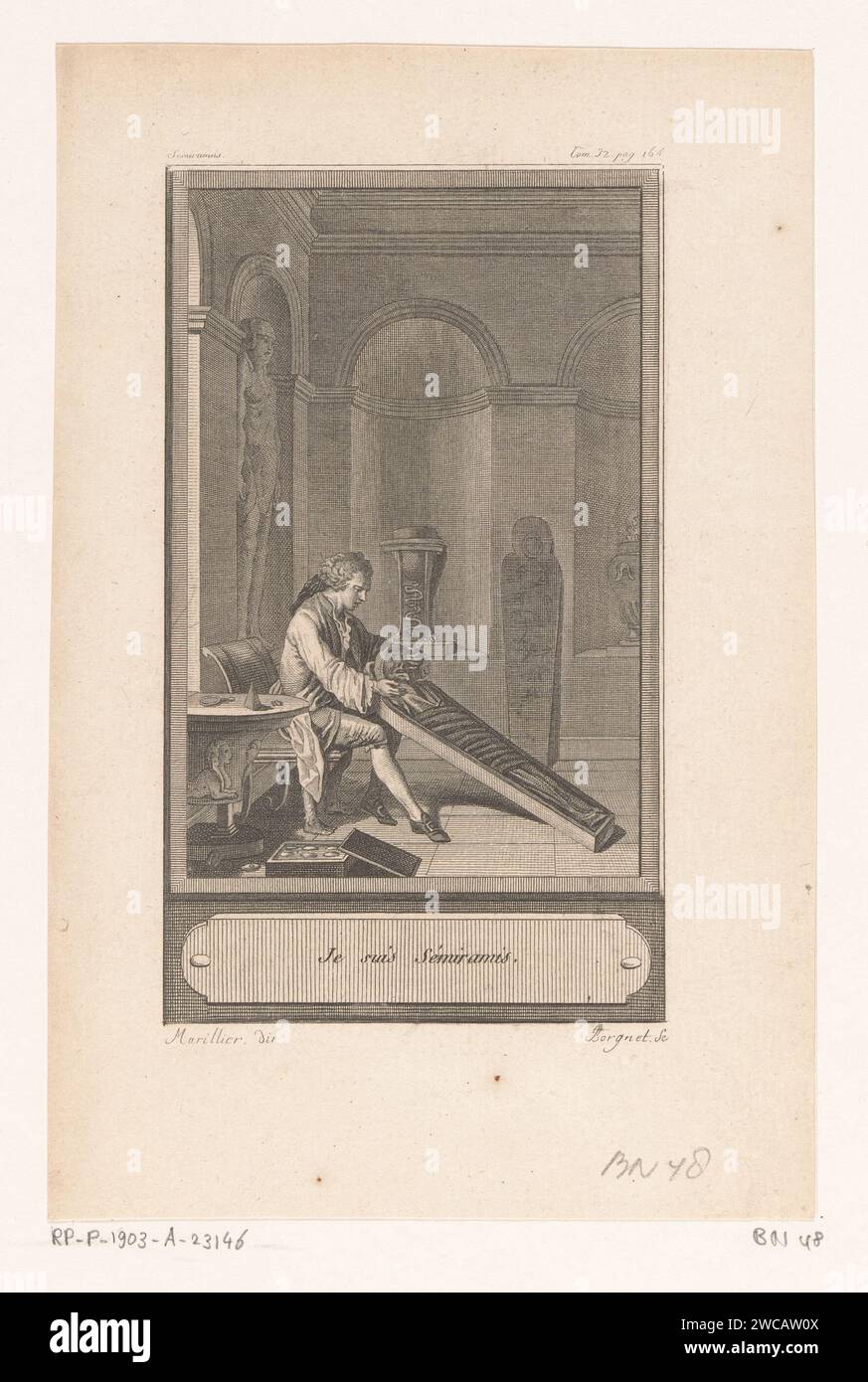 Sitting man with a mummy in a sarcophagus, J.F. Borgnet, 1788 print Man ...