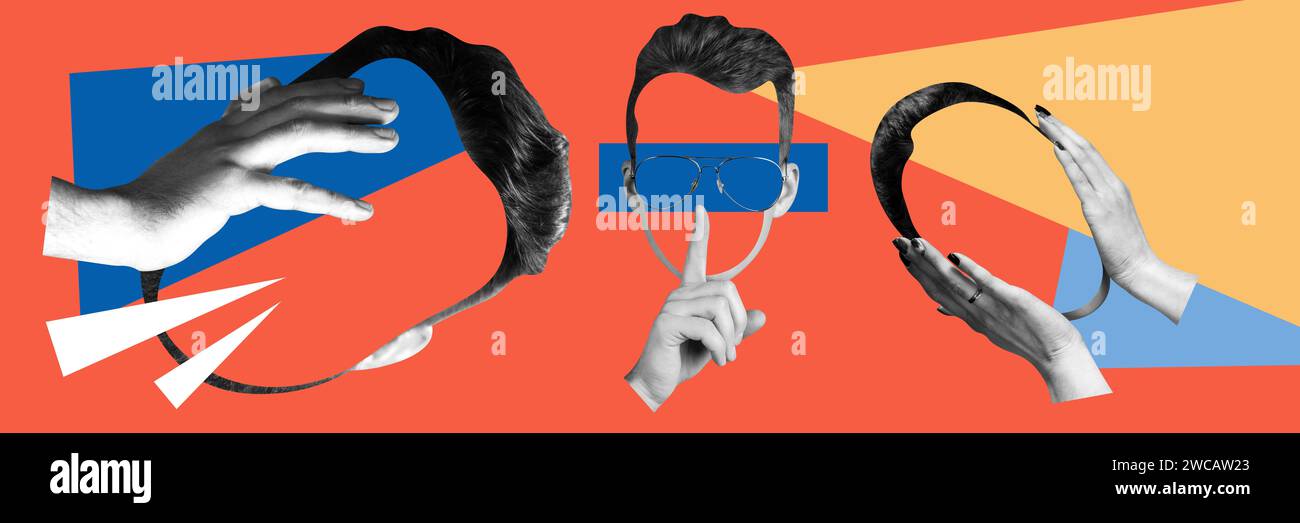 Faceless head shapes of differed people over multicolored background ...