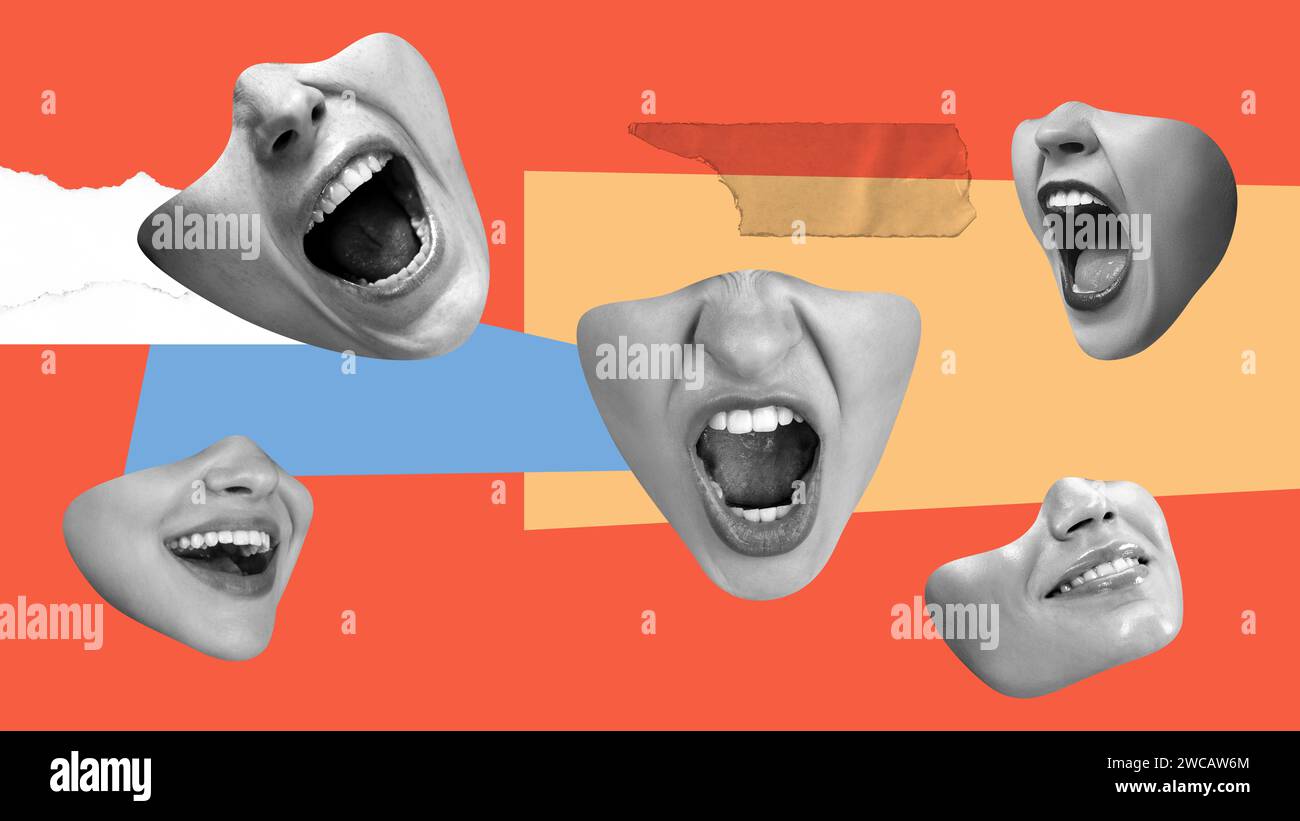 Female mouth expressing emotions, shouting over multicolored background ...