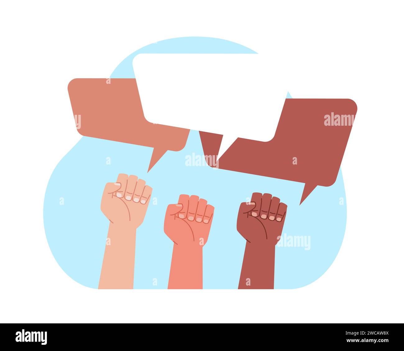 Raised up fists of people of different skin colors with speech bubbles ...