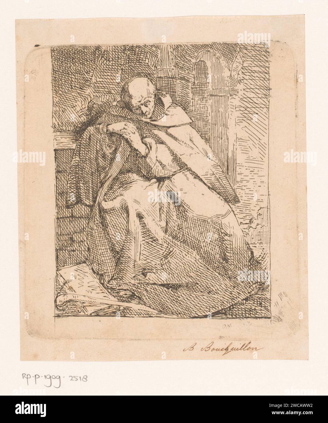 Seated monk with book and staff, Bruno Boucquillon, 1826 - 1878 print ...