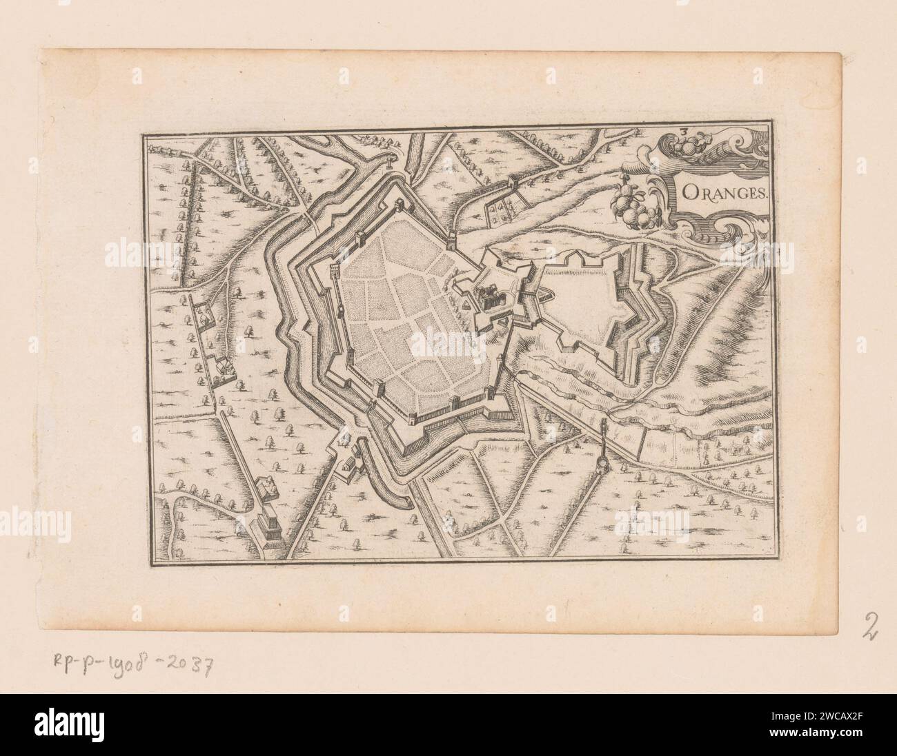 Fortress map of Orange, Anonymous, 1650 - 1700 print Numbered at the ...