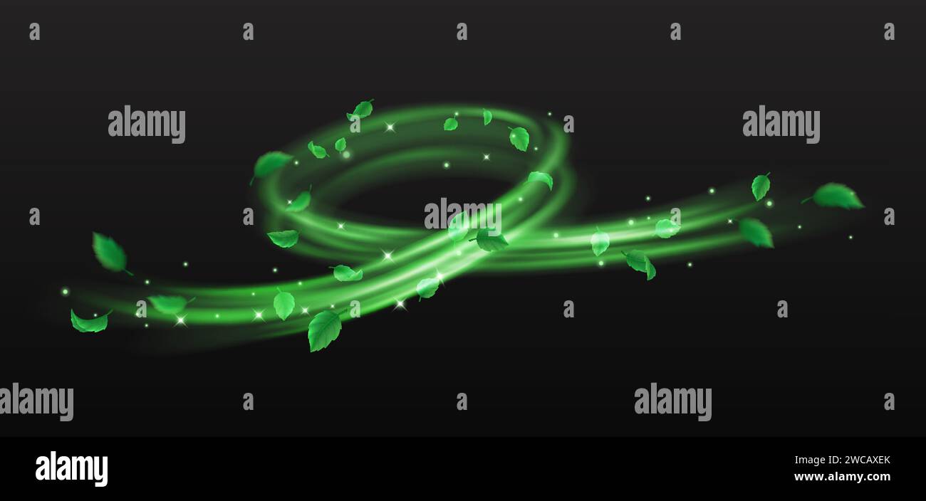 Green leaves and sparkles whirling flow of magic dust realistic vector ...