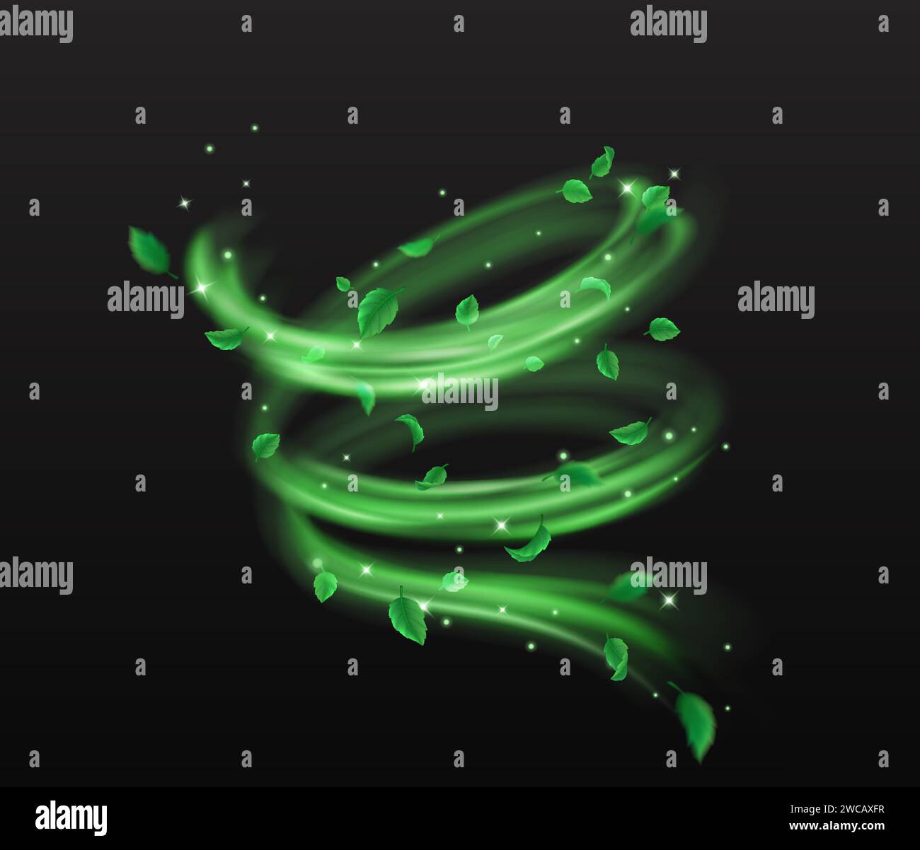 Green leaves and sparkles whirling flow of magic dust realistic vector ...