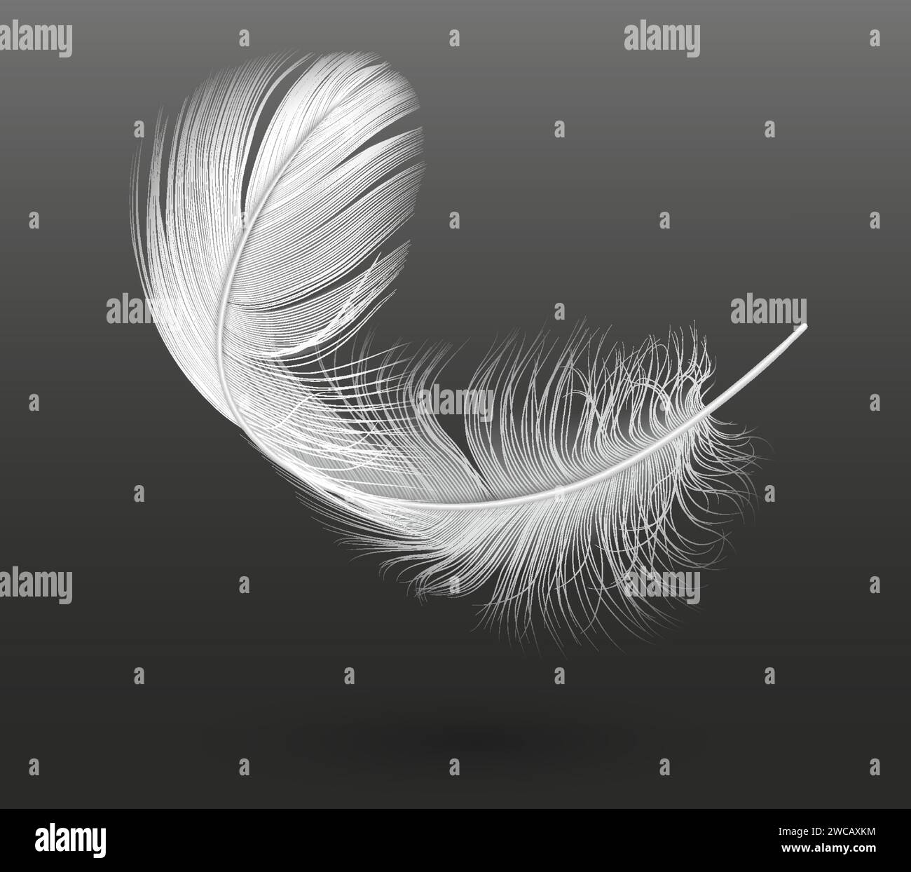 Flying white single feather realistic vector illustration on black ...