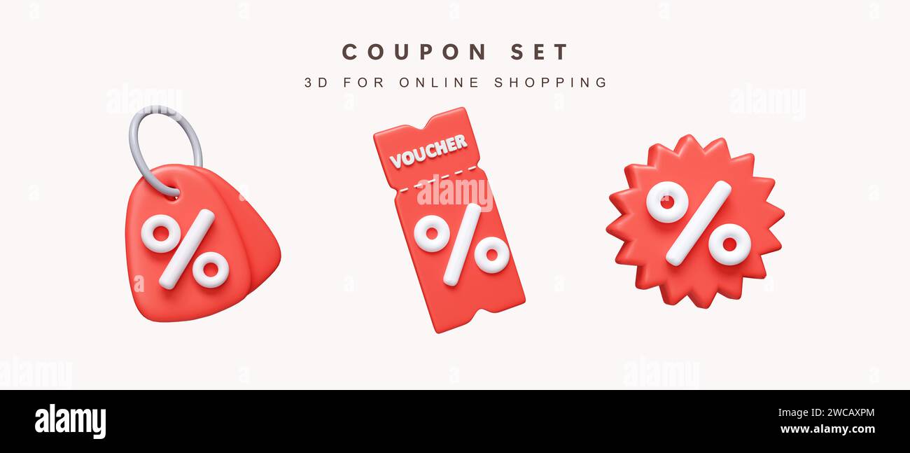 3d Set of red coupon discount for shopping online concept. icon ...