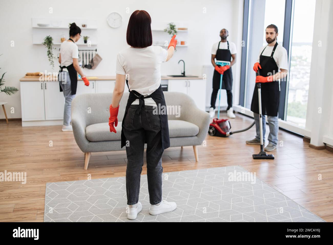 Professional housekeeper services company team working at customer ...