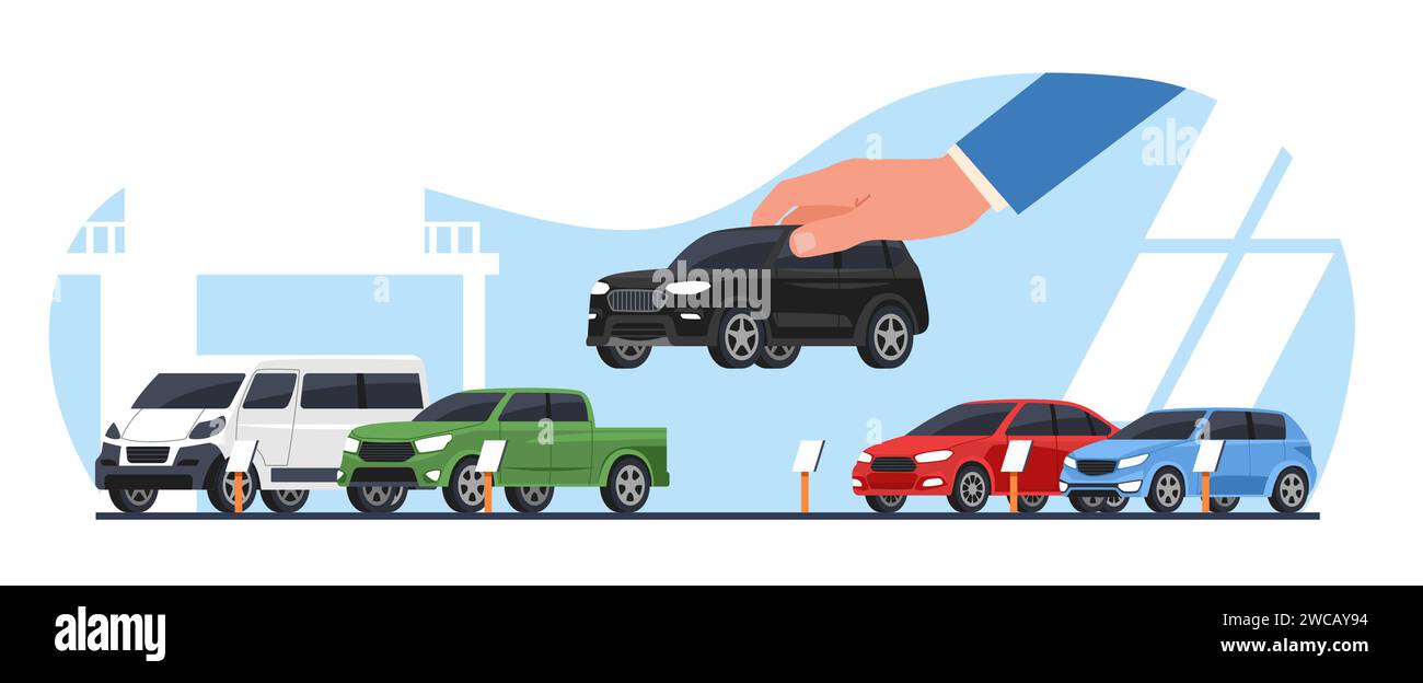 Choosing and buying new car. Different new automobile in car showroom ...